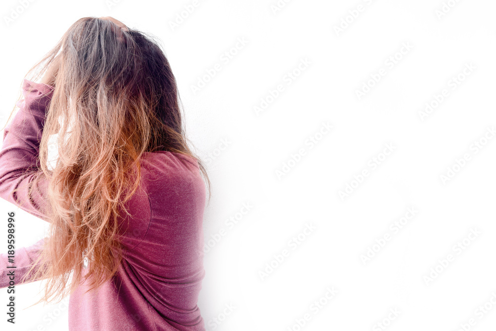 Blonde furious woman pulling blonde hair out of head. Emotional young ...