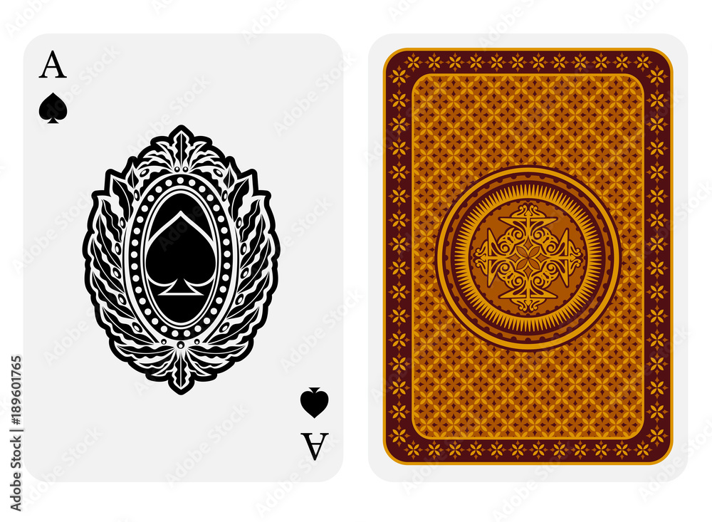 Ace of spades face with spades inside oval floral frame and back gold ...