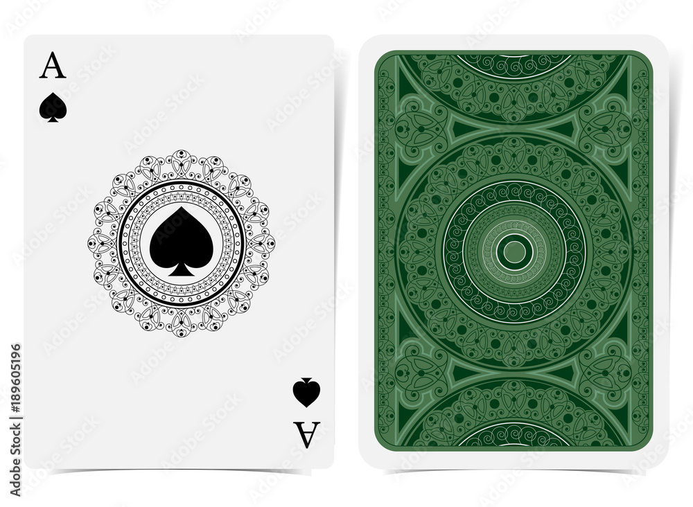Ace of spades face with spades inside round curly frame and back with ...
