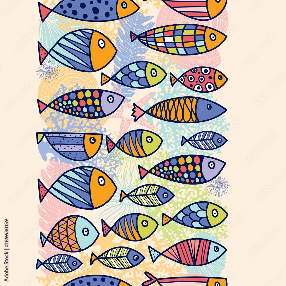 Vertical seamless border with cute fish and aglae. Stock Vector | Adobe ...