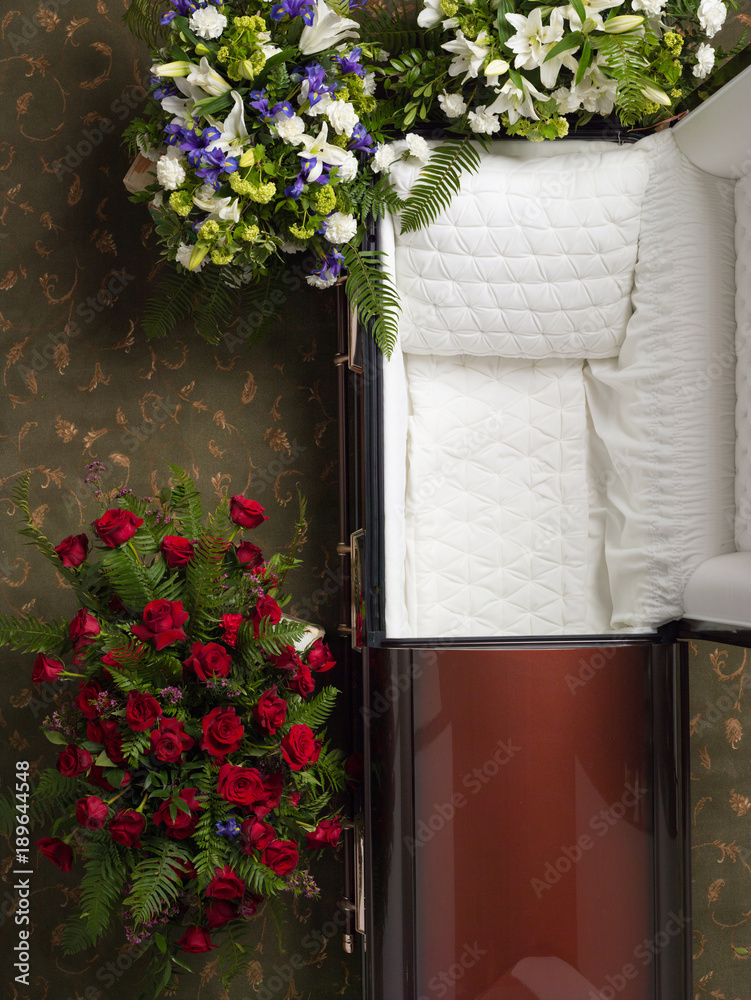 Overhead view of open empty coffin. Stock Photo | Adobe Stock