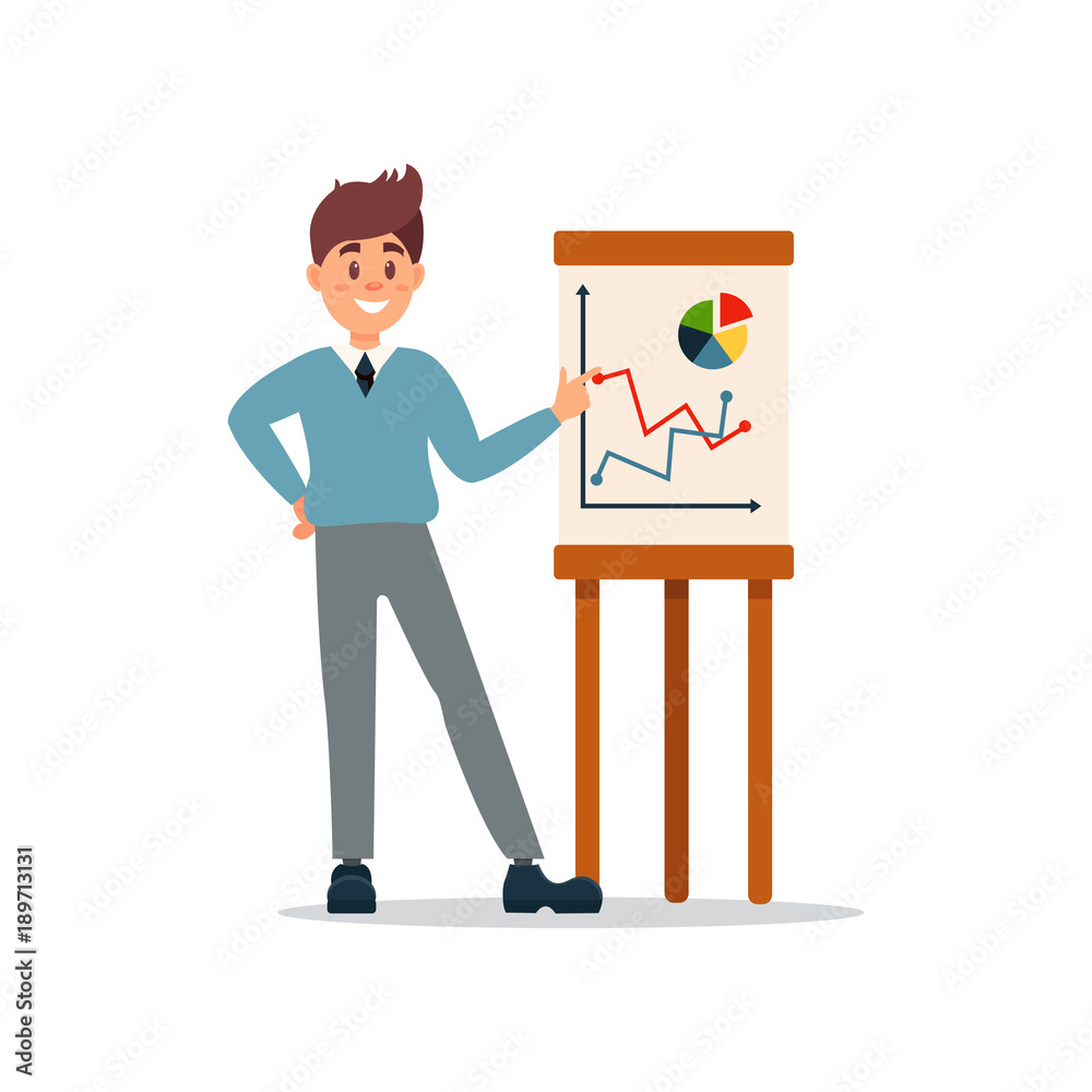 Businessman making presentation and explaining chart on a whiteboard ...