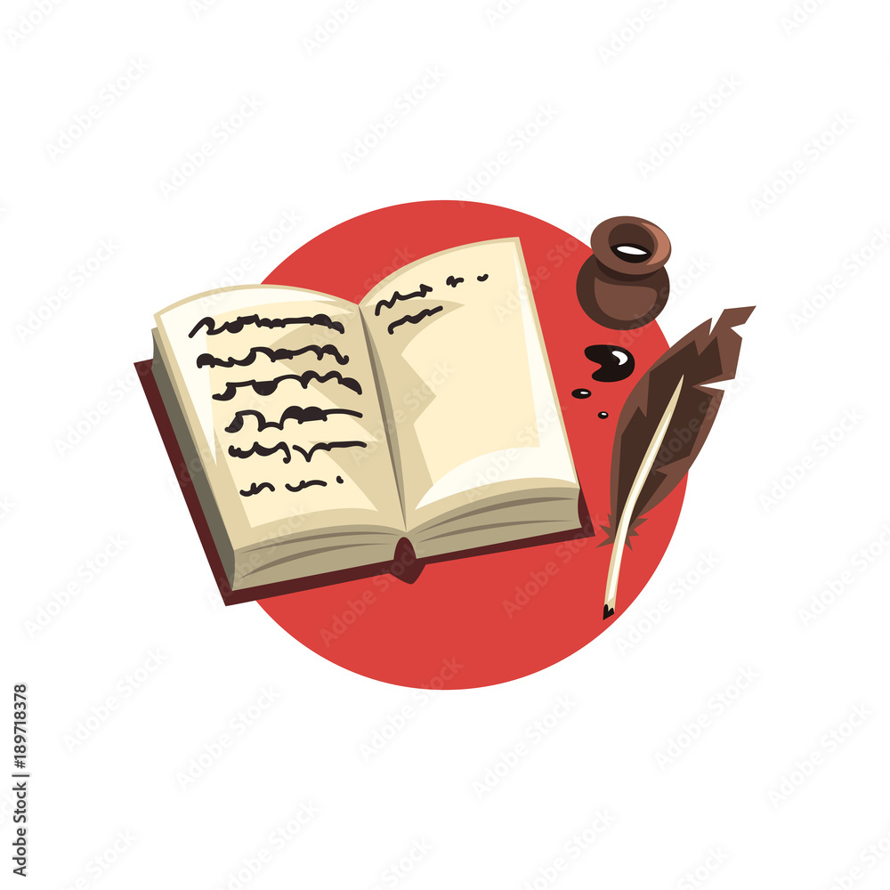 Symbols of the writer profession, vintage quill, ink and book cartoon ...