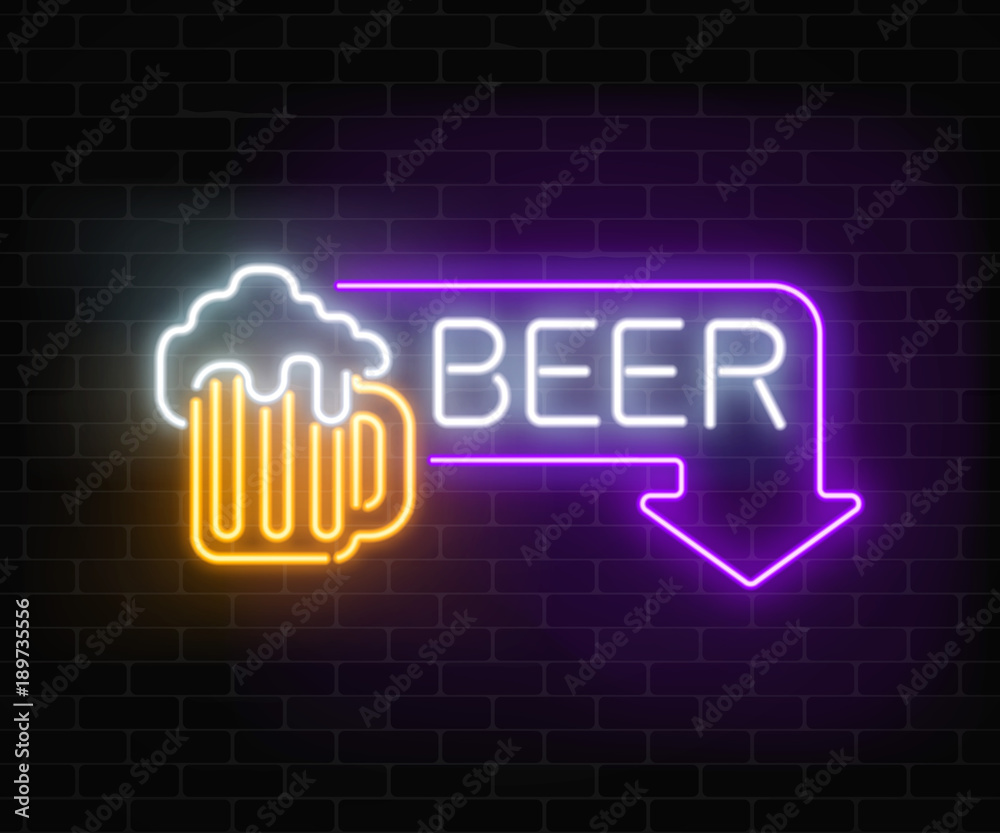 Glowing neon beer pub signboard in rectangle frame with arrow on dark ...