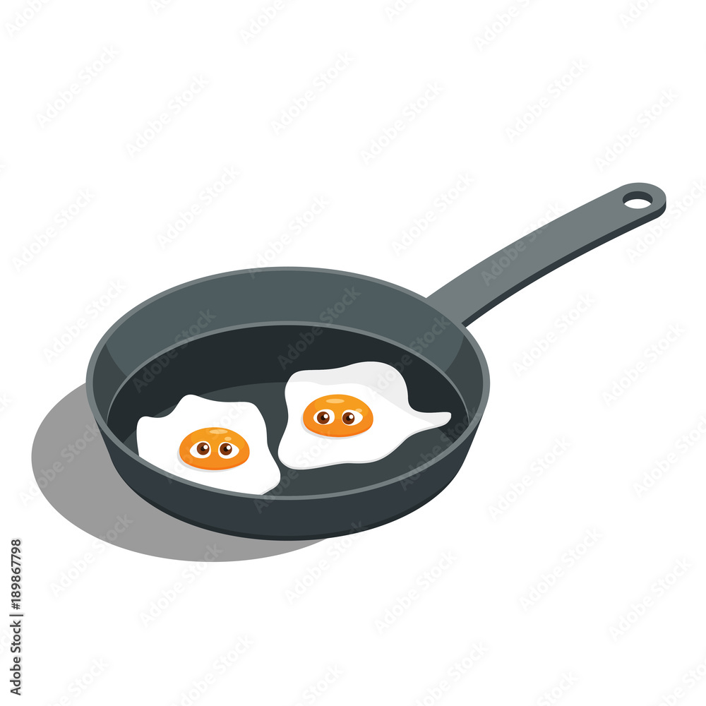 Cartoon vector Fried Egg with a Face in a frying pan. Egg white and ...