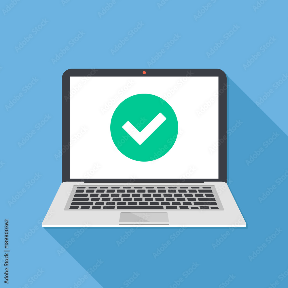Laptop and check mark. Notebook and round green tick icon, checkmark on ...