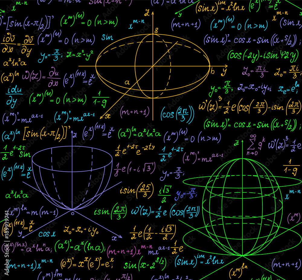 Math vector seamless pattern with multicolored plots, equations, formulas, geometrical figures ...