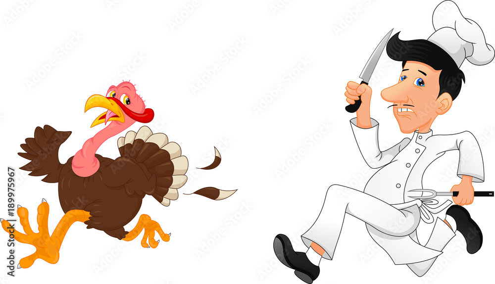 Cartoon chef chasing a turkey Stock Vector | Adobe Stock