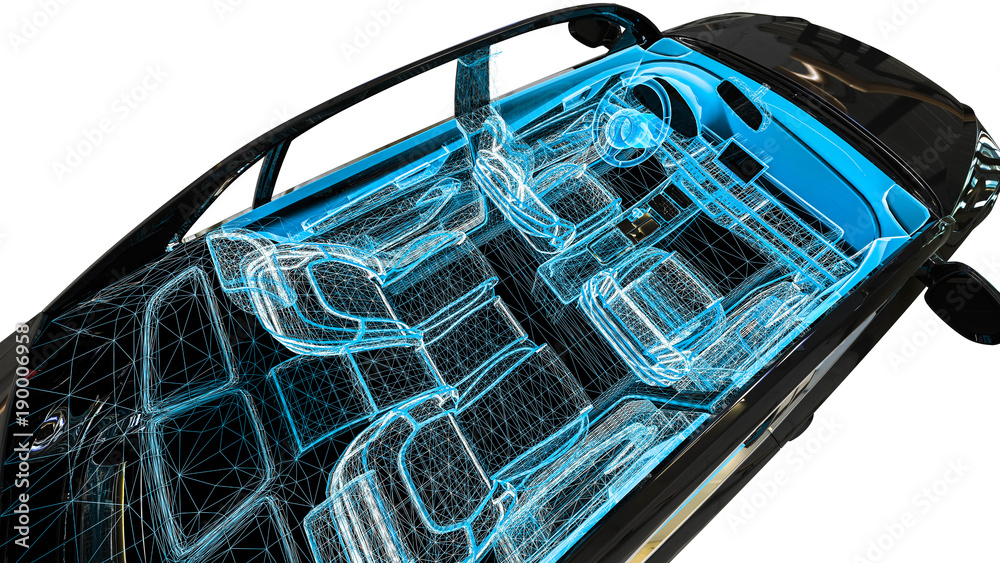 Car interior development process / 3D render image of an car in wire ...