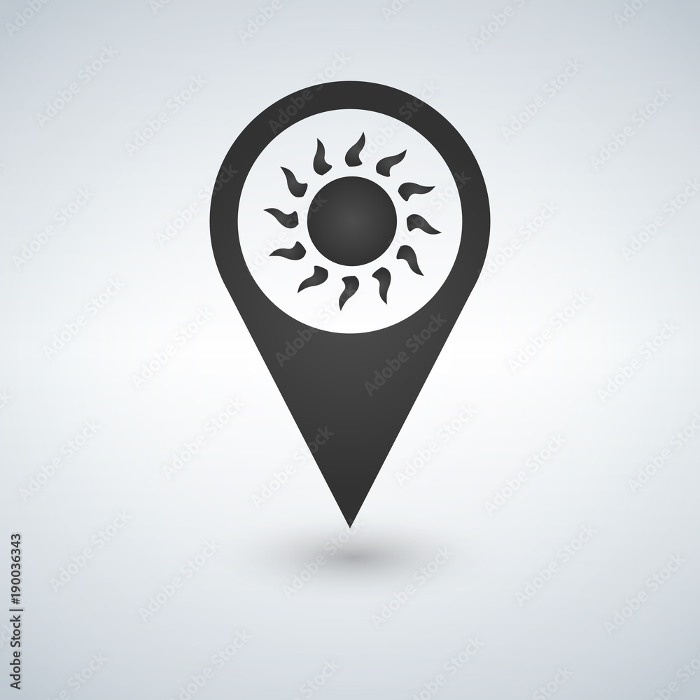 Sun flat pin map icon. Map pointer. Weather map pointer. Vector ...