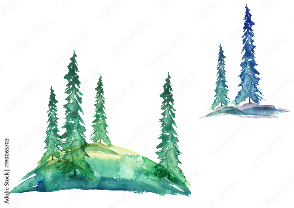 Watercolor trees, forest, pine, blue spruce, landscape. In different ...