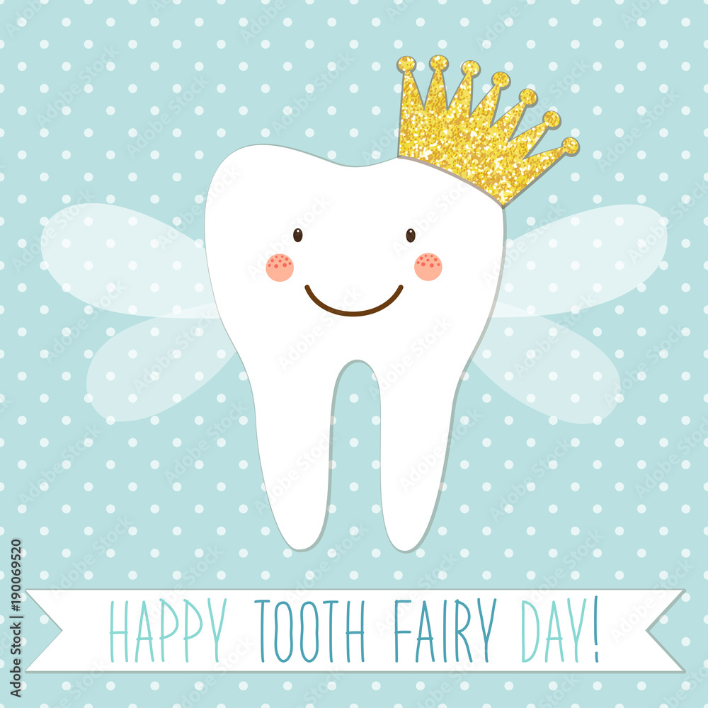 Cute Tooth Fairy Day greeting card as funny smiling cartoon character ...