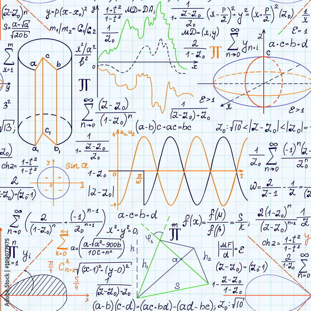 Math Vector Seamless Pattern With Equations Figures Formulas Plots And Other Calculations