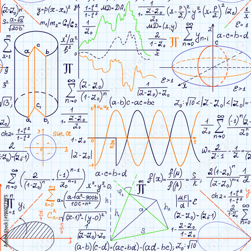 Math vector seamless pattern with equations, figures, formulas, plots ...