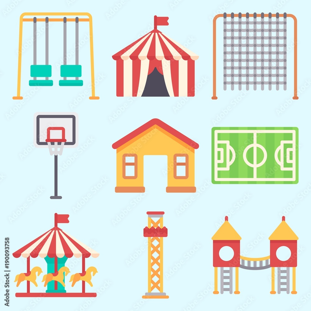 Icons set about Amusement Park with soccer field, playground, horse ...