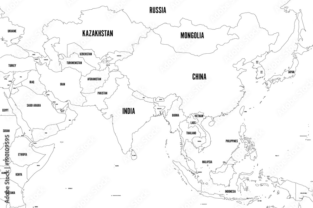 Political map of western, southern and eastern Asia. Thin black outline ...