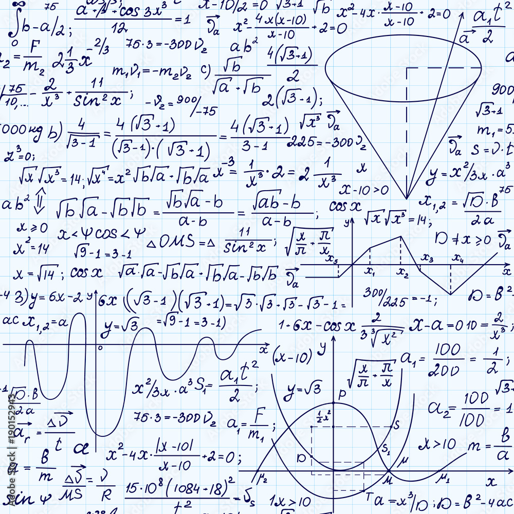 Mathematical vector seamless pattern with formulas, plots and equations ...