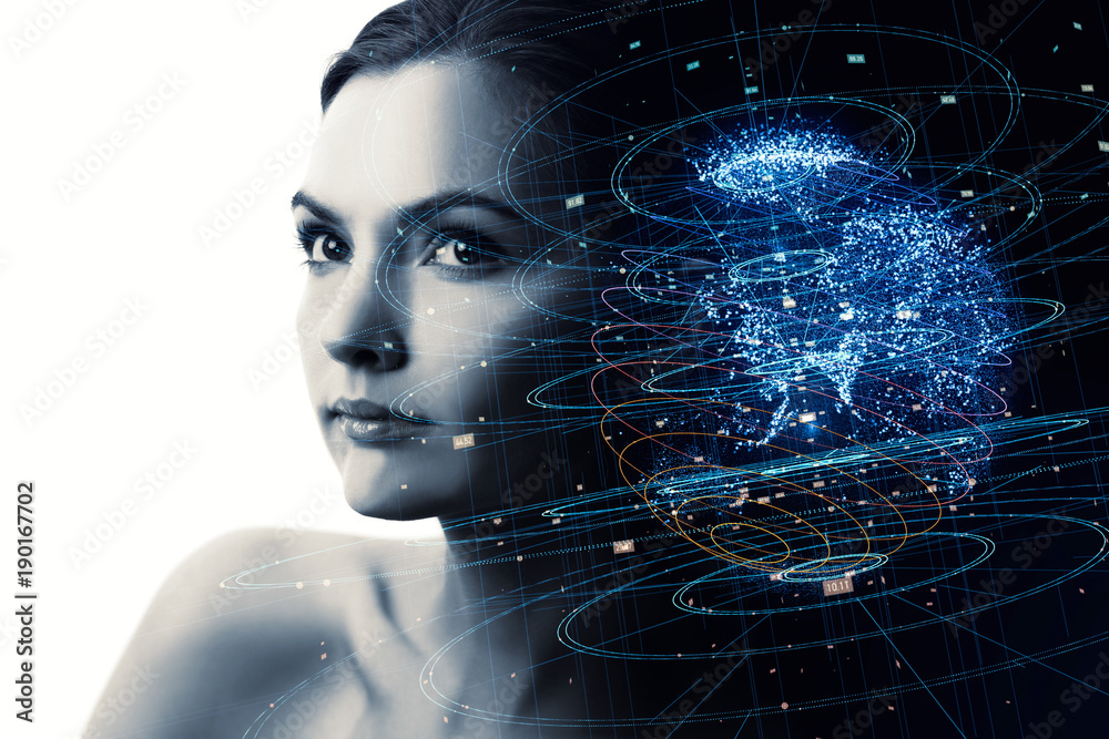 Portrait of beautiful woman and global communication network concept ...