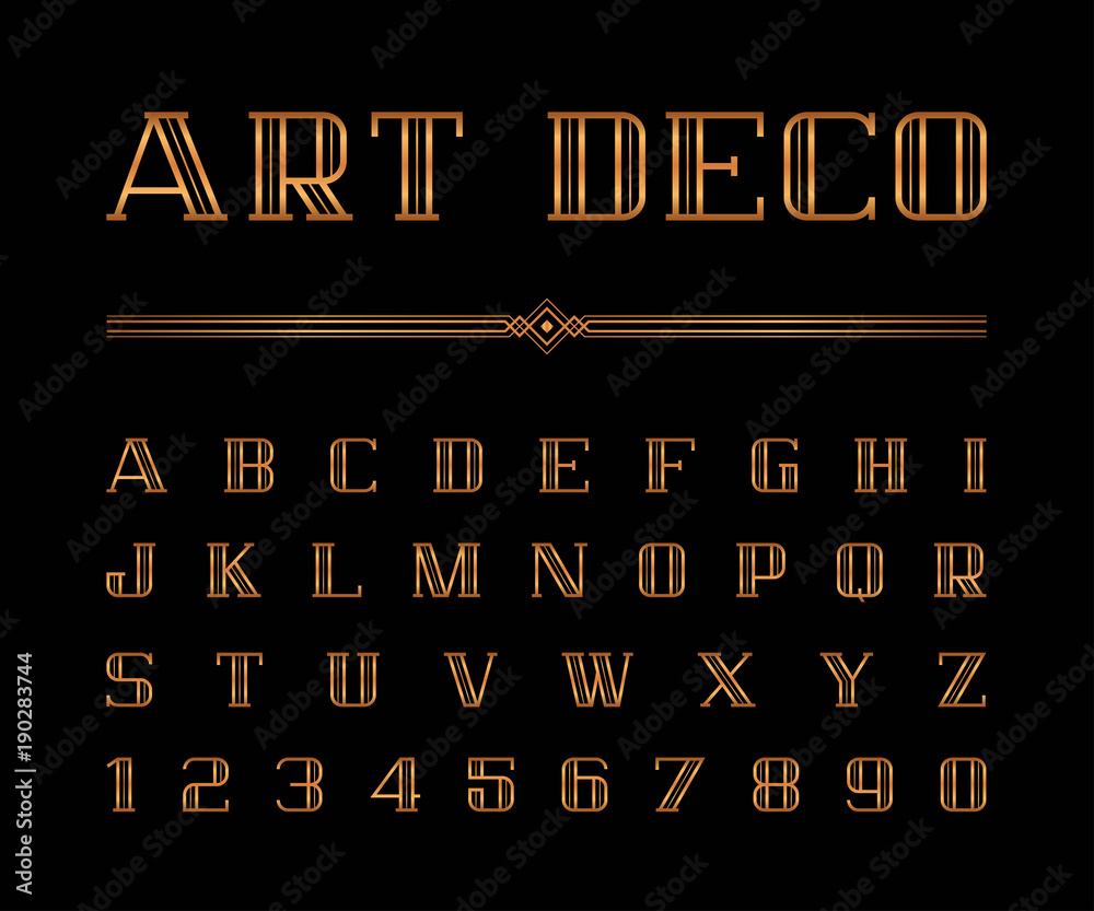 Vector of Art Deco font and alphabet, Gold letters set. The Great ...