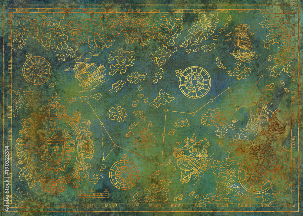 Old map with pirate ships, decorative frame, treasure islands on light ...