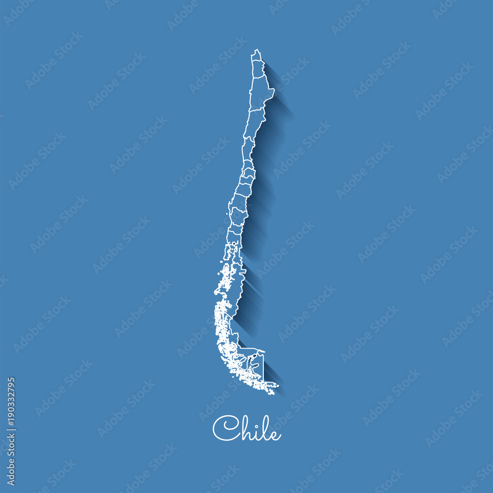 Chile region map: blue with white outline and shadow on blue background ...