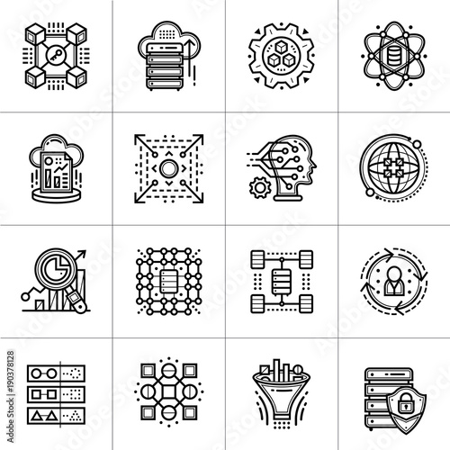 Linear icon set of Data science technology and machine learning process ...