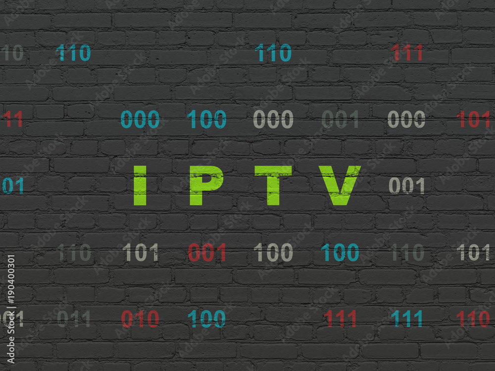 Web design concept: Painted green text IPTV on Black Brick wall background with Binary Code ...