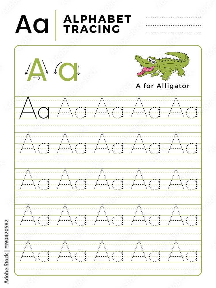 Letter A Alphabet Tracing Book with Example and Funny Alligator Crocodile Cartoon. Preschool ...