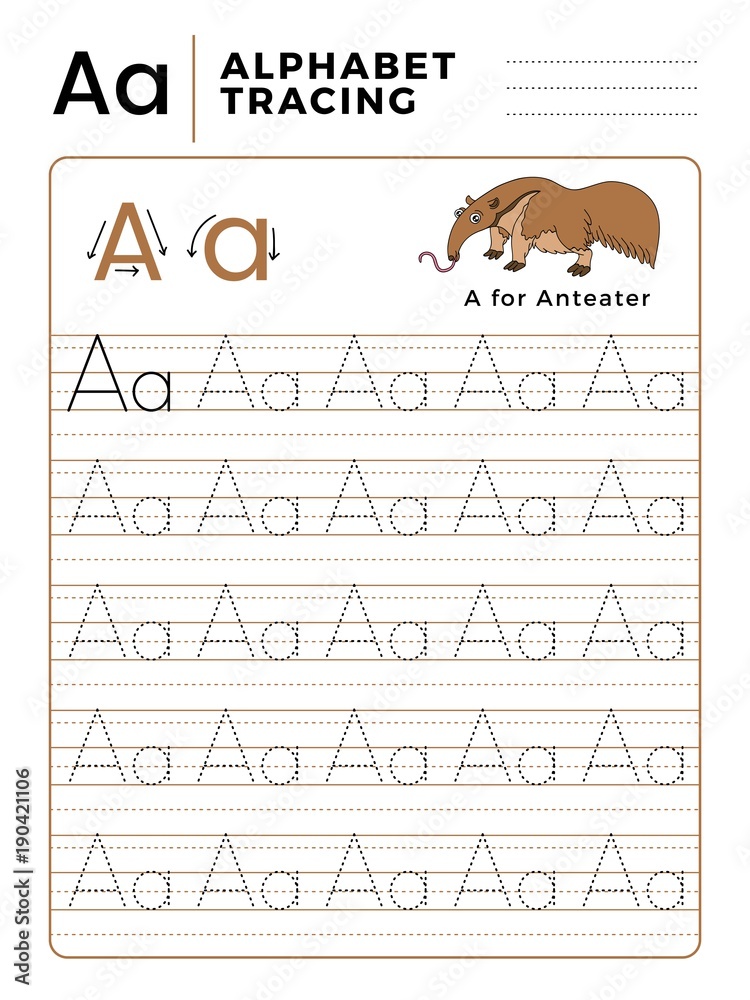 Letter A Alphabet Tracing Book with Example and Funny Anteater Cartoon ...