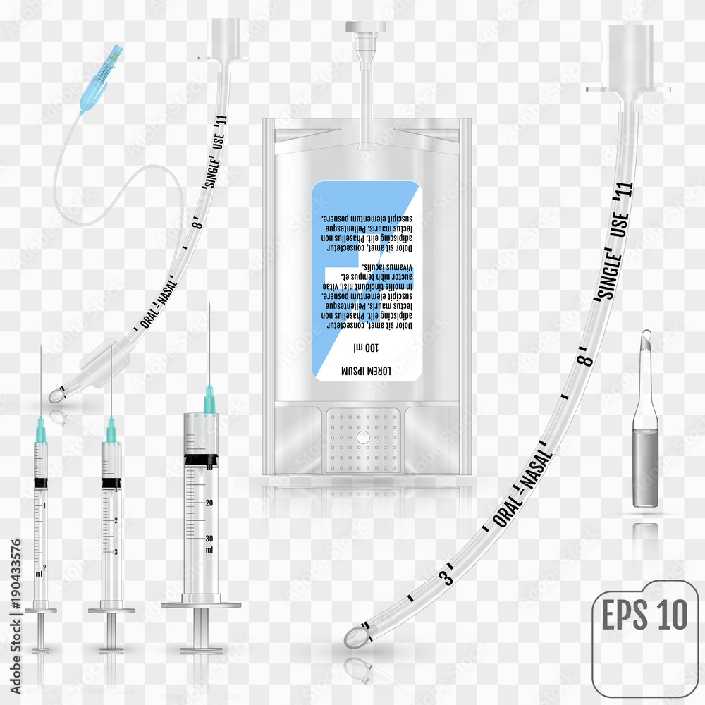 Realistic Intravenous fluid, syringe, test tubes, tracheal tube without ...