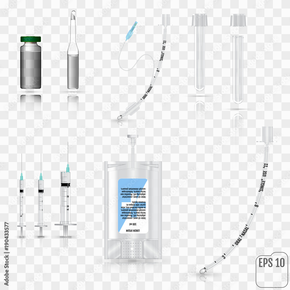 Realistic Intravenous fluid, syringe, test tubes, tracheal tube without ...