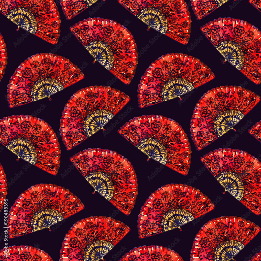 Traditional red Spanish fan with black flowers, black background ...