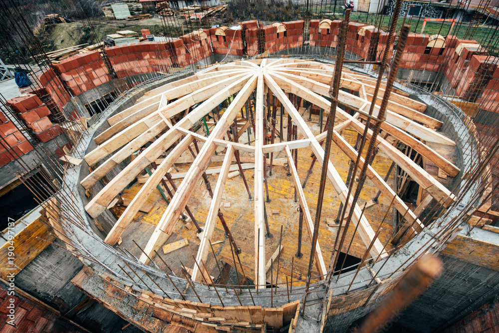 Industrial roof system of monastery building with wooden timber, beams ...