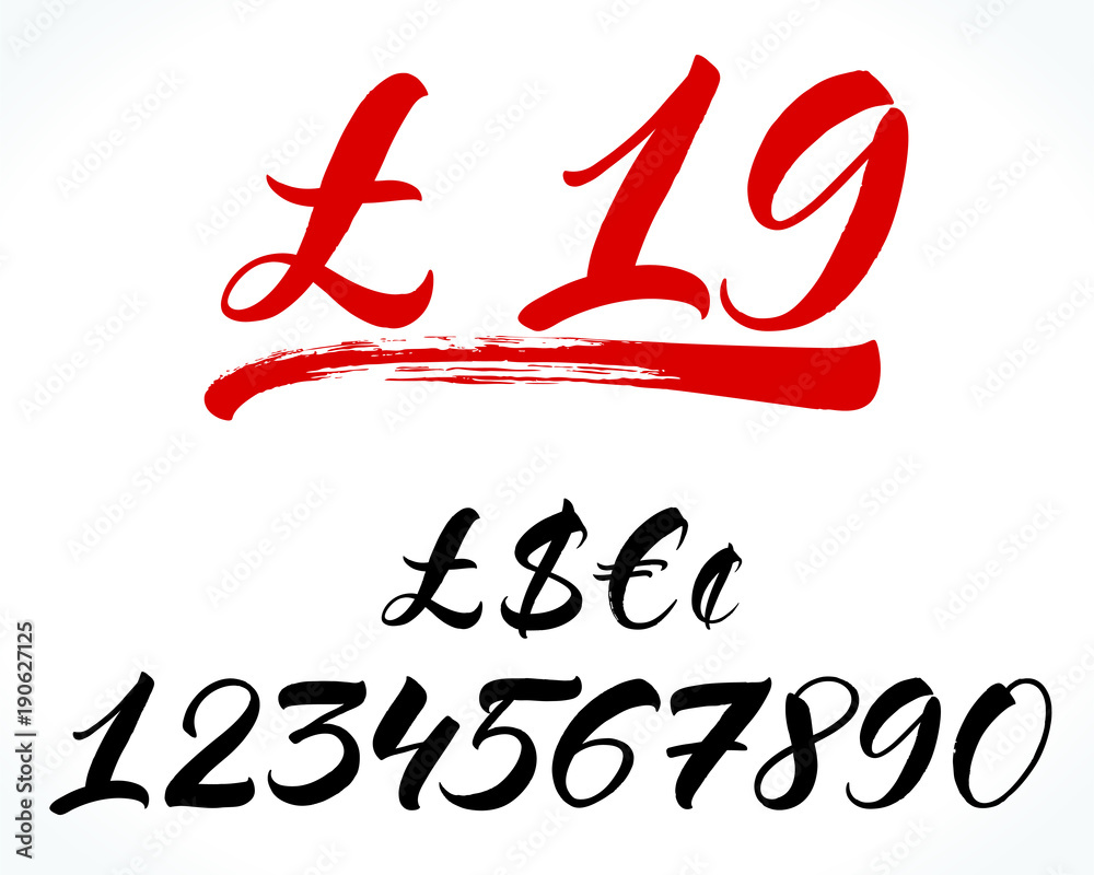 Brush lettering numbers, punctuation and currency symbols. Modern ...