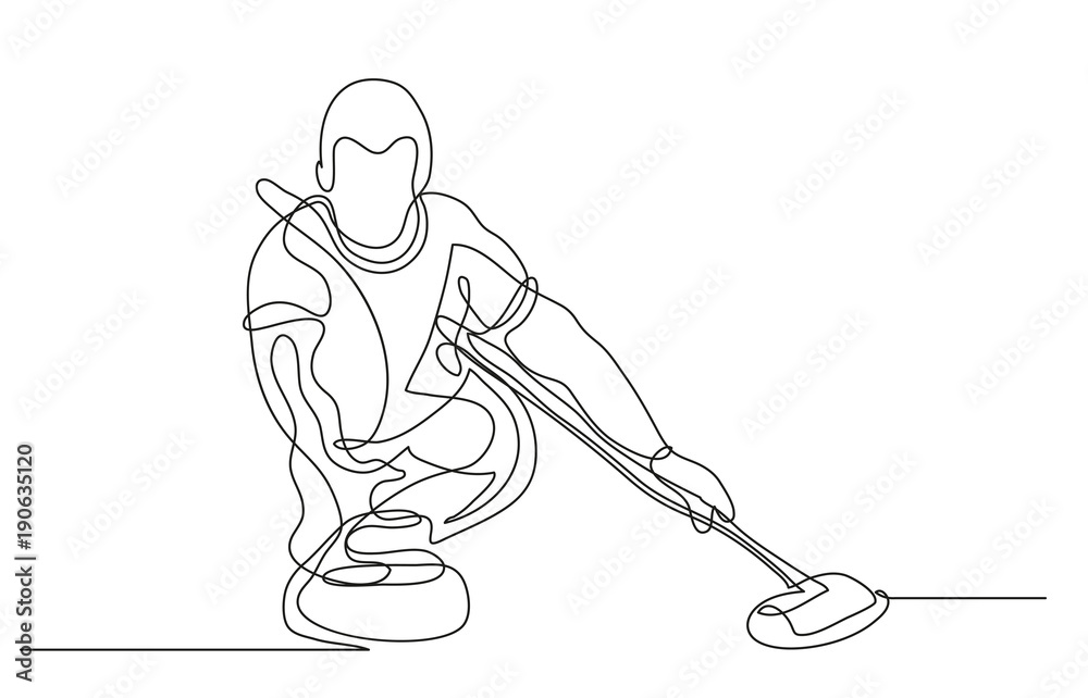 Continuous line drawing. Illustration shows a athlete playing curling ...