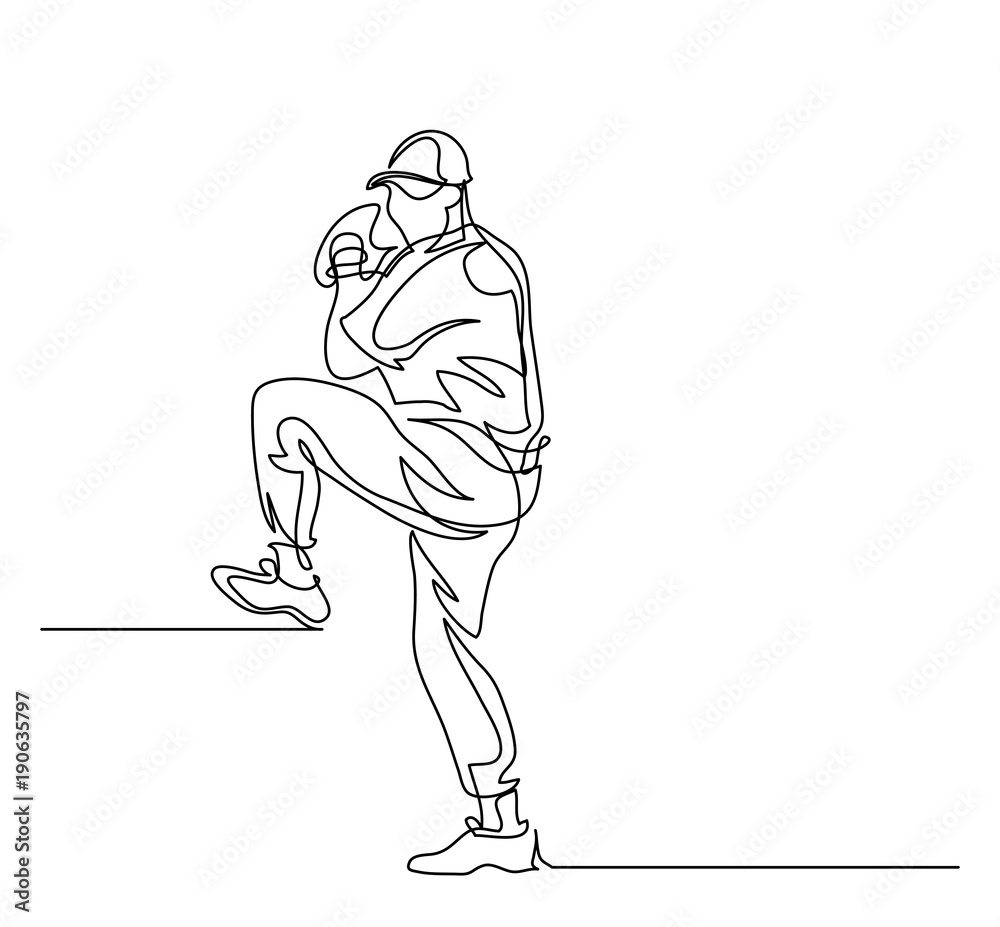 Continuous line drawing. Illustration shows a baseball player throwing ...
