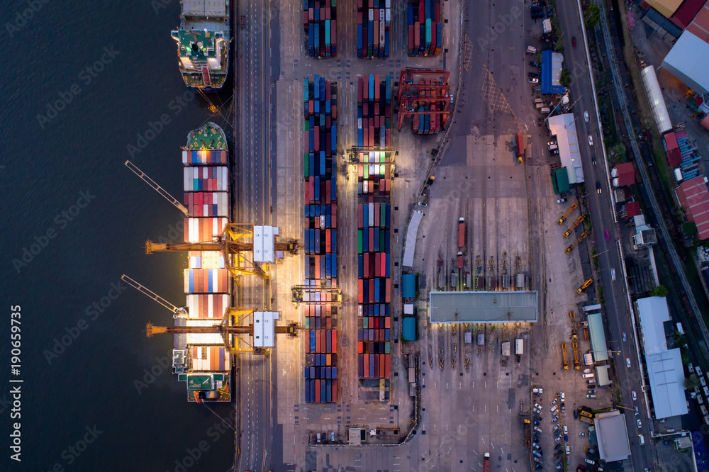 Containers yard in port congestion with ship vessels are loading and ...