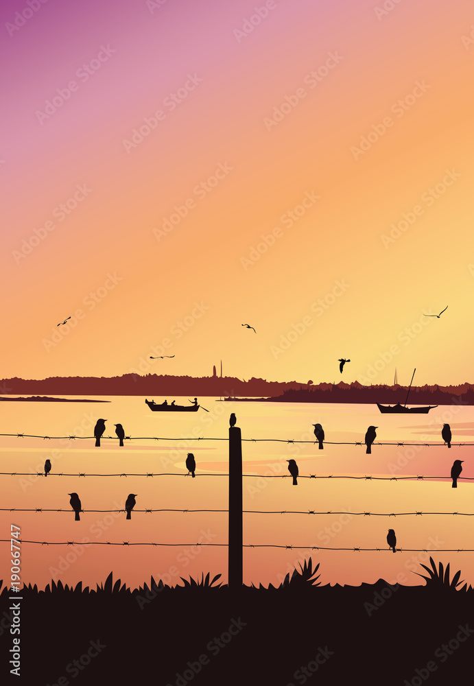 Nature background with river portrait view. Birds sitting on railing ...