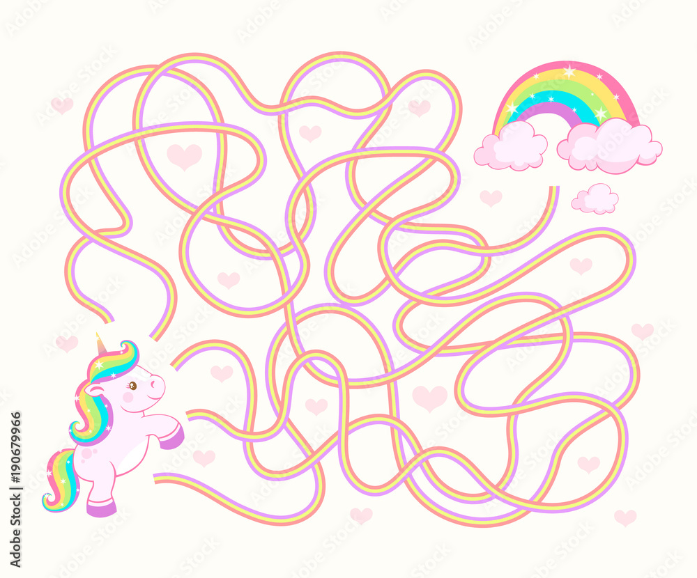 Vector de Stock Help unicorn cub find path to rainbow. Labyrinth. Maze game for kids | Adobe Stock