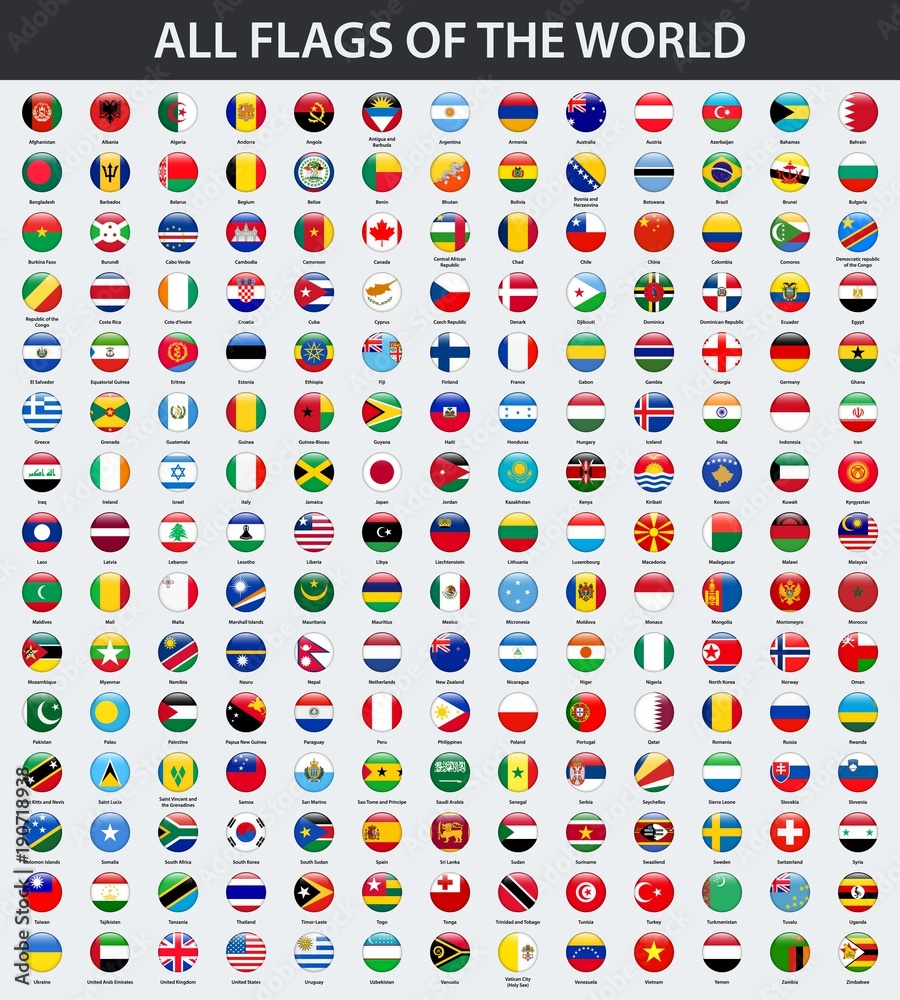 All flags of the world in alphabetical order. Round, circle glossy ...