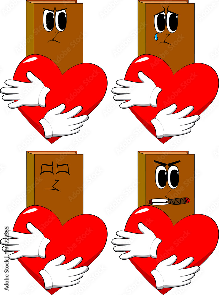 Books hugging big red heart. Cartoon book collection with angry and sad ...