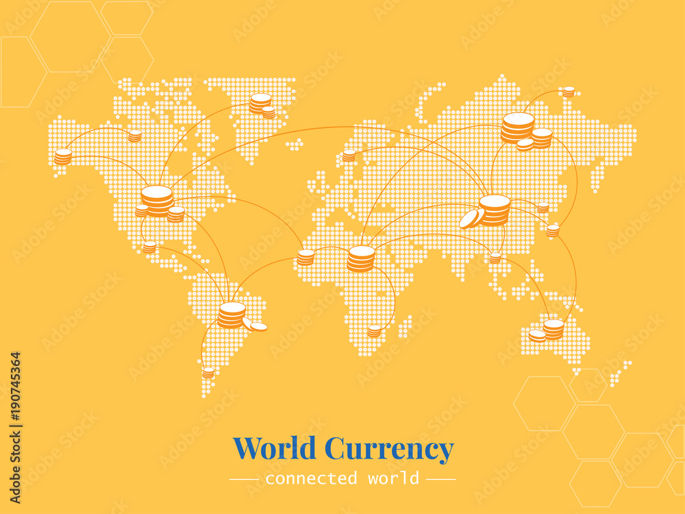 World Currency. Bitmap of world connected with many types of coin ...
