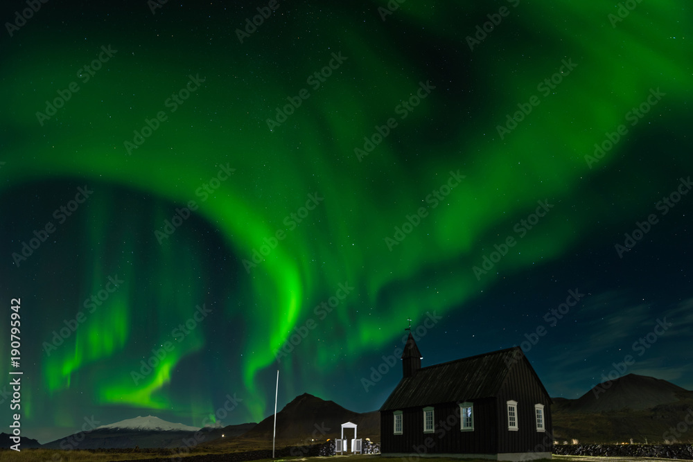Northern Lights over The Black Church Budir, Iceland. Aurora Borealis ...