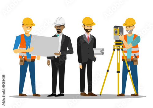 Civil engineer discussion with architects, reading instructions, land ...