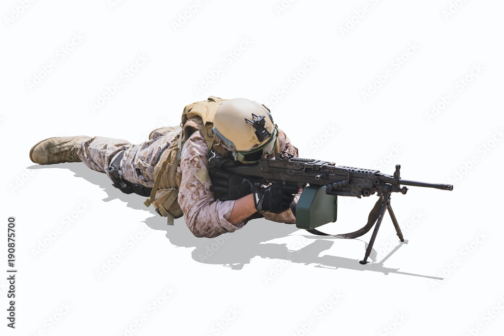 military army soldier lies prone on a firing Machine Gun M249 isolated ...