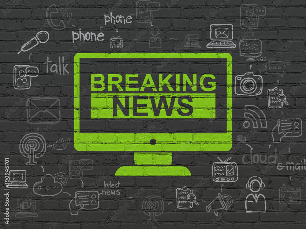 News concept: Painted green Breaking News On Screen icon on Black Brick ...