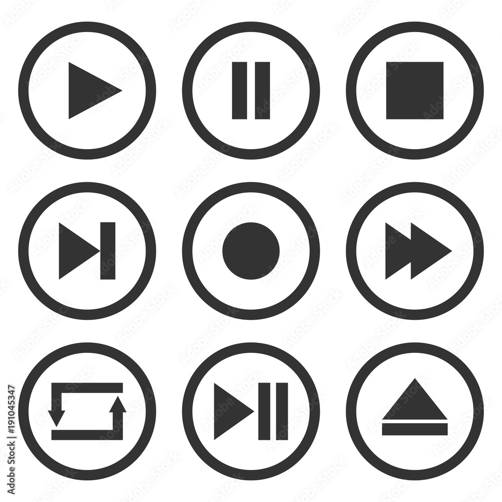 Media player control buttons set. Play, pause, stop, record, forward, rewind, previous, next ...