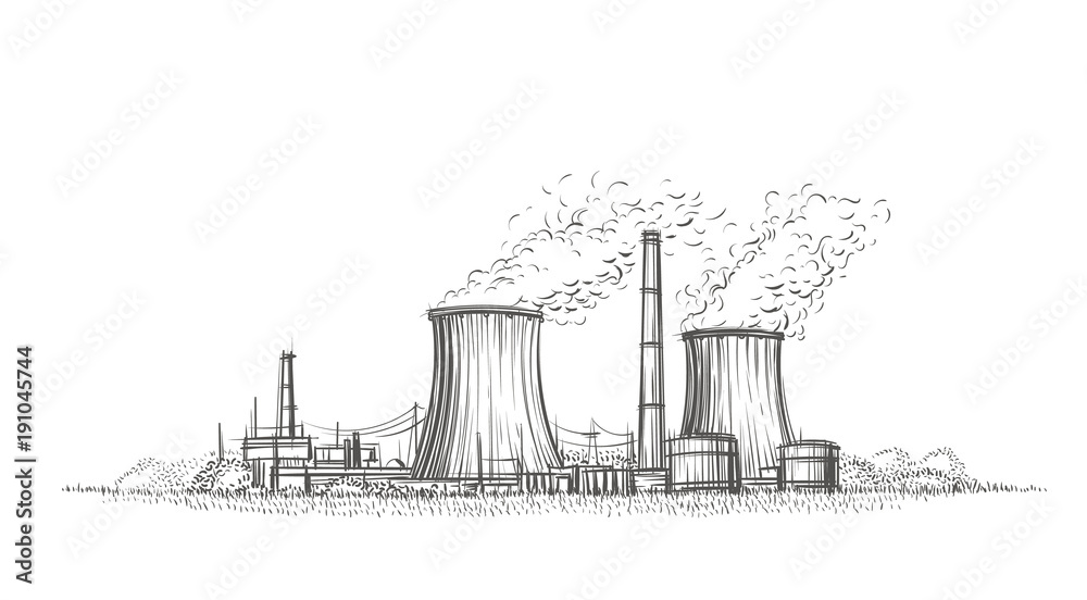 Nuclear power plant hand drawn sketch. Vector. Stock Vector | Adobe Stock