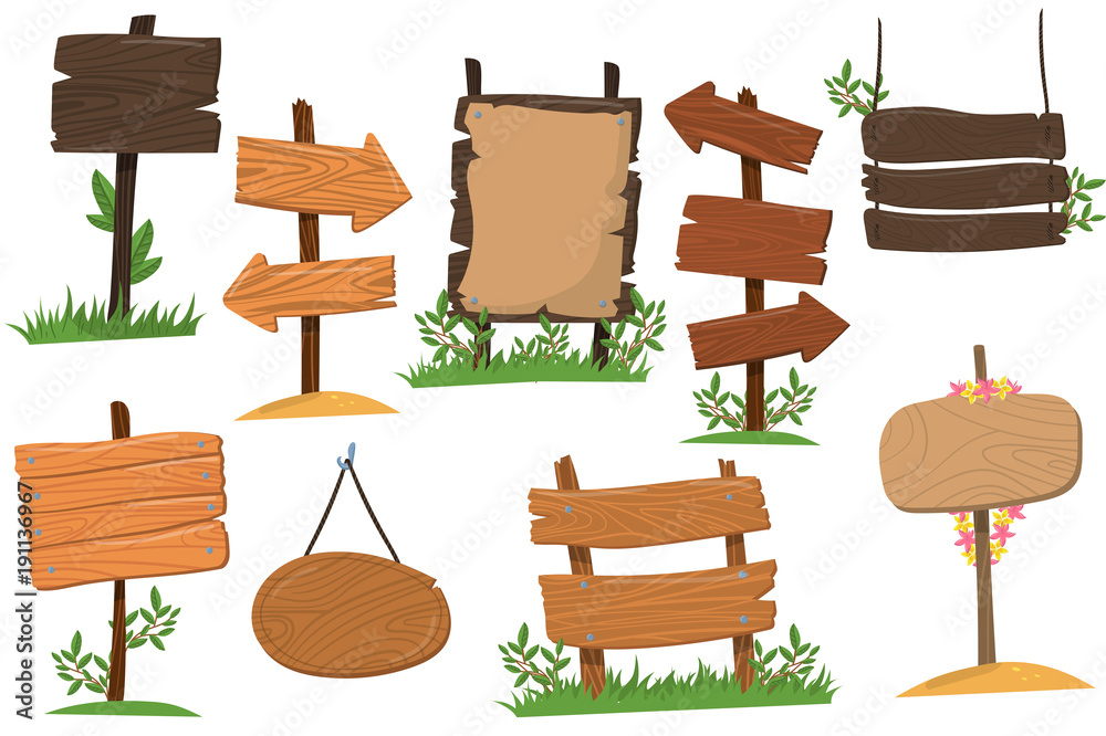 Set of wooden signs of various forms, tablets indicating index ...