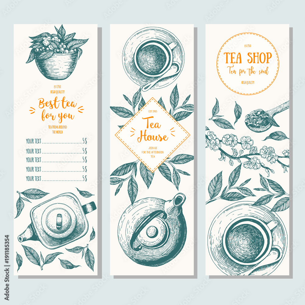 Tea shop banner set. Vertical banner collection for tea design. Linear ...